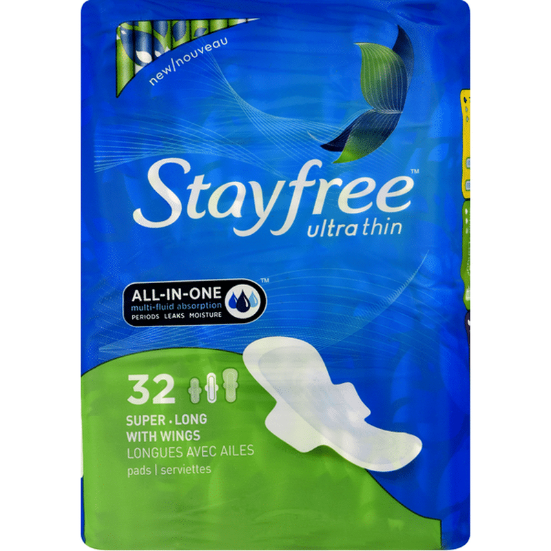 Stayfree Pads, Ultra Thin, Super, Long with Wings (32 ct) - Instacart