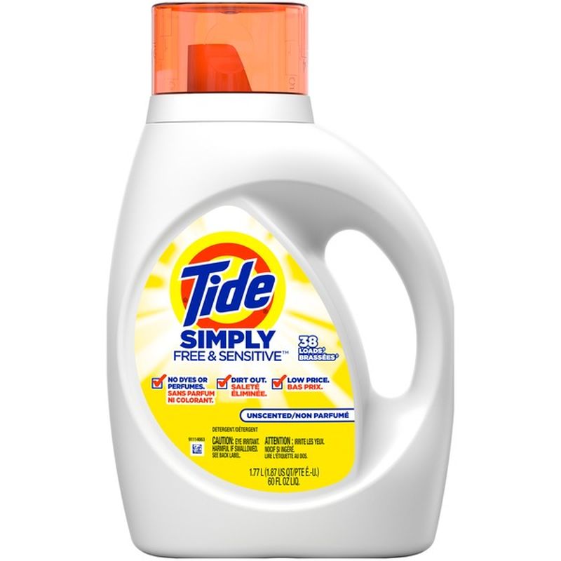 Tide Simply Free & Sensitive Liquid Laundry Detergent, 60 oz., 38 loads ...
