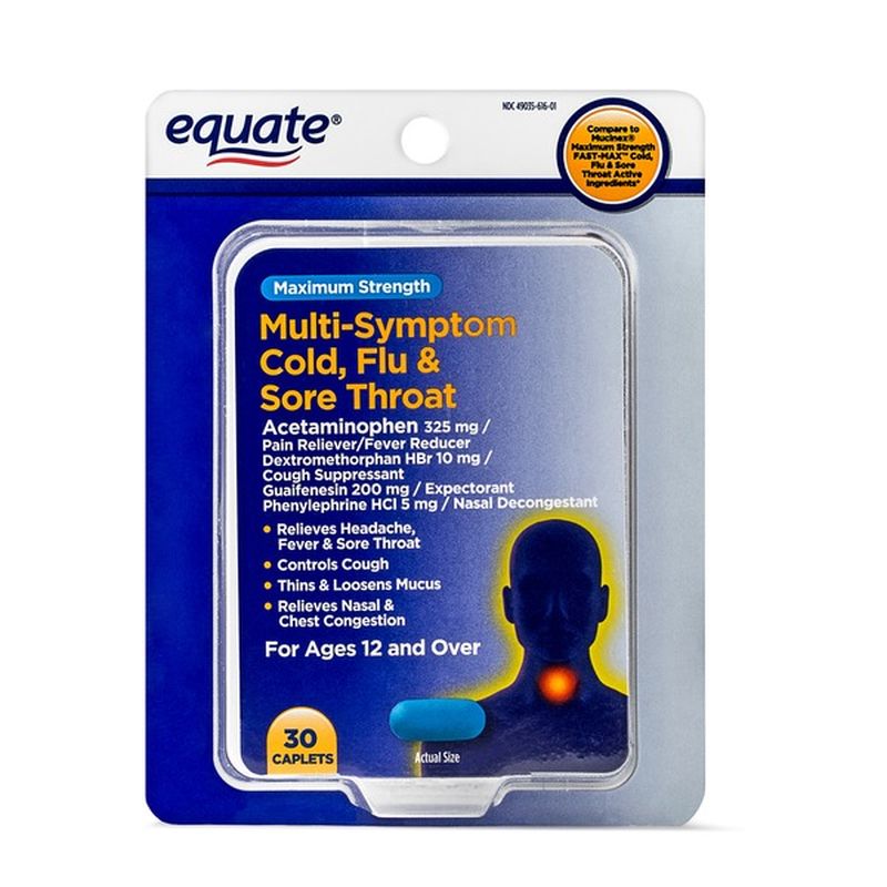 Equate Multi-Symptom Cold Flu & Sore Throat, Maximum Strength, Caplets ...