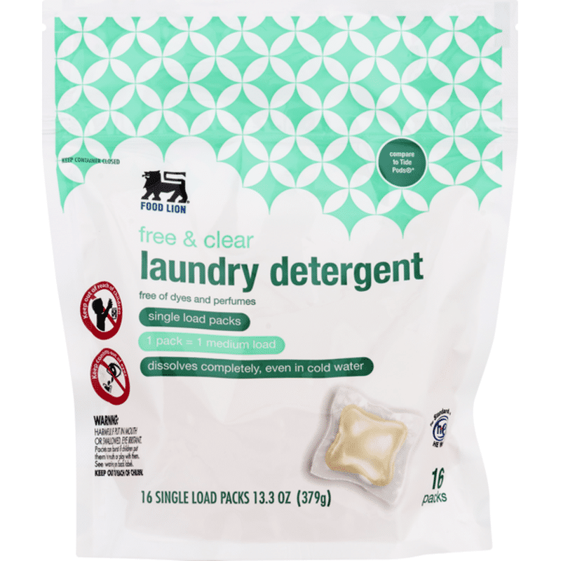 Food Lion Laundry Detergent, HE, Free & Clear, Single Load Packs (13.3 ...