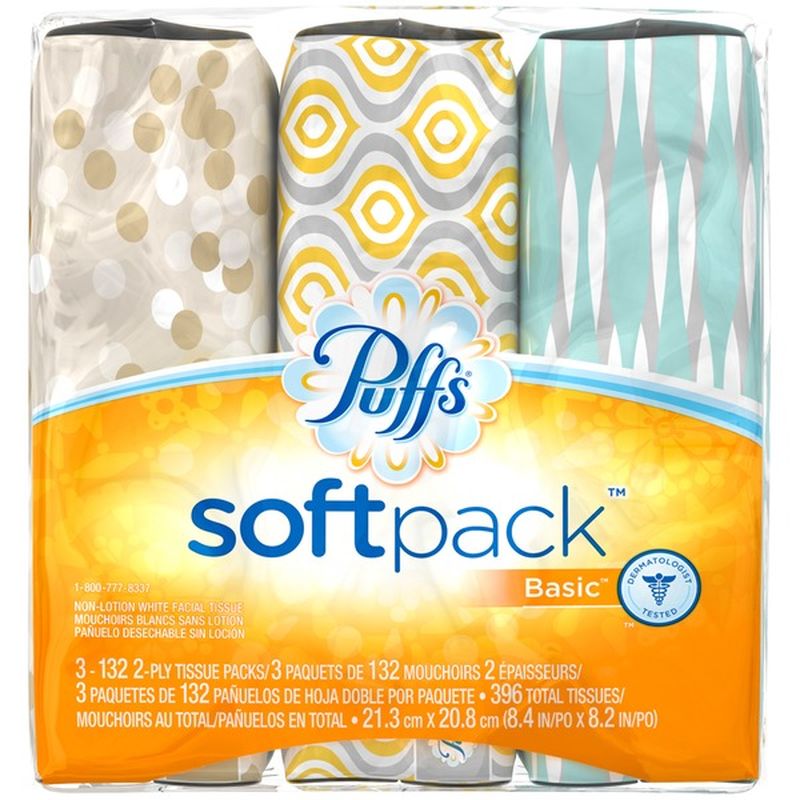 Puffs Basic Puffs SoftPack Basic Facial Tissues; 3 Softpacks; 132 ...