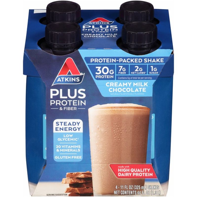 Atkins Plus Protein & Fiber Creamy Milk Chocolate Protein-Packed Shakes ...