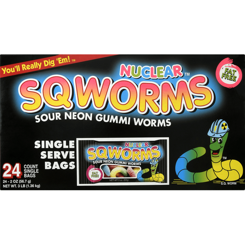 Nuclear Sqworms Gummi Worms, Sour Neon, Single Serve Bags (24 each ...