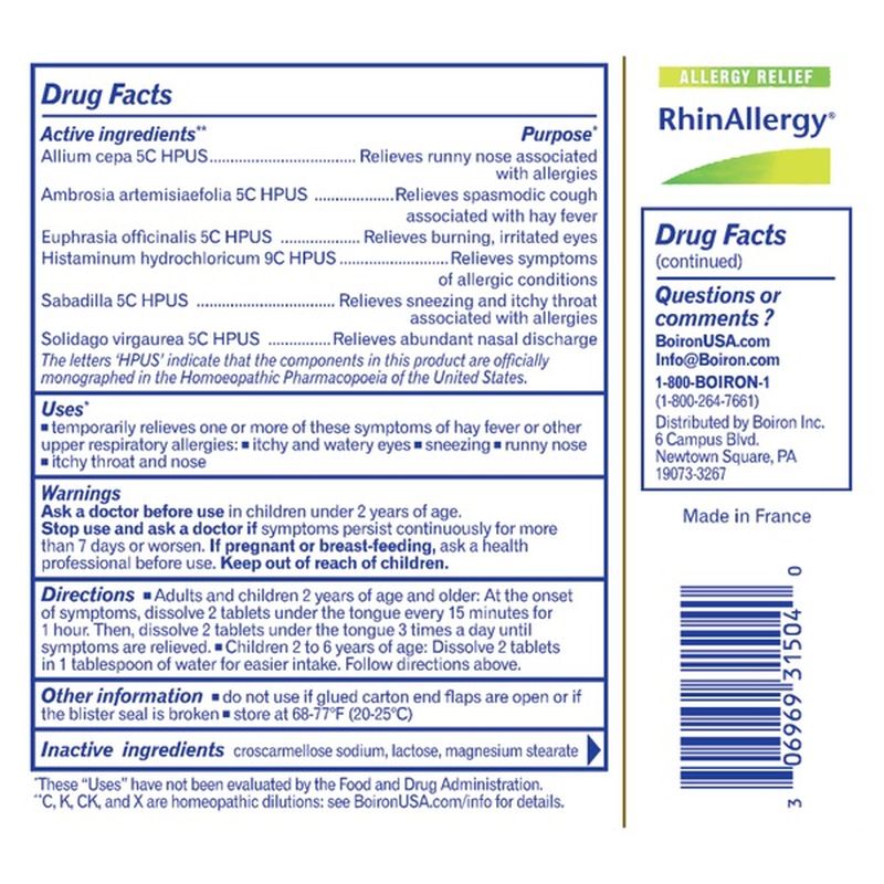 Boiron Rhinallergy Homeopathic Medicine for Allergy Relief (60 ct ...