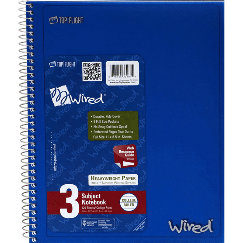 Top Flight Notebook, 3 Subject, College Ruled, 120 Sheets (1 each ...