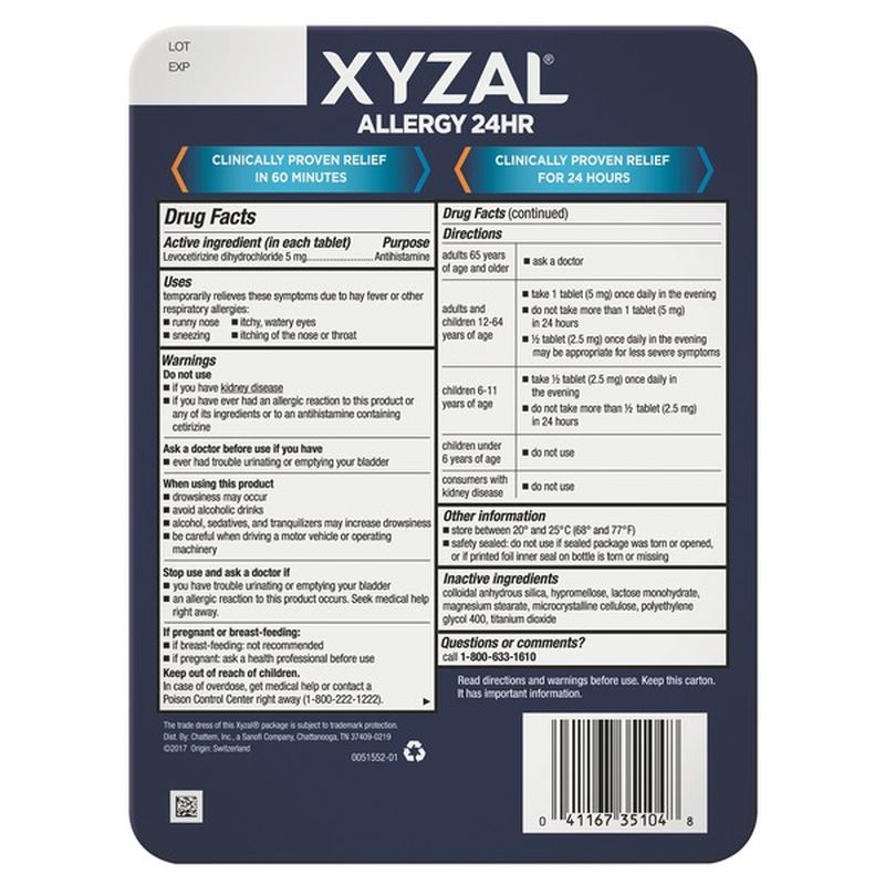 Xyzal Levocetirizine Dihydrochloride Tablet 5mg / Antihistamine (110 ct ...
