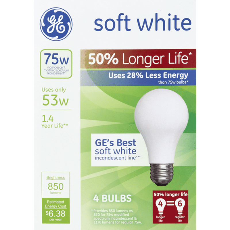 GE Light Bulbs, Incandescent, Soft White, 53 Watts (4) - Instacart