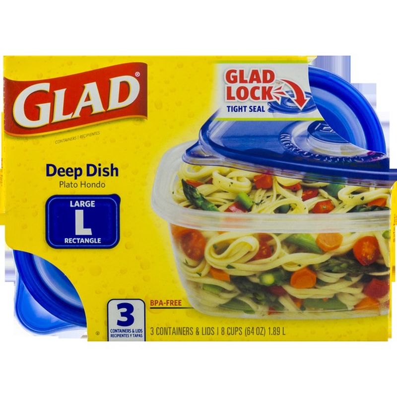 Glad Containers & Lids, Deep Dish, Large Rectangle, 8 Cups (3 each ...