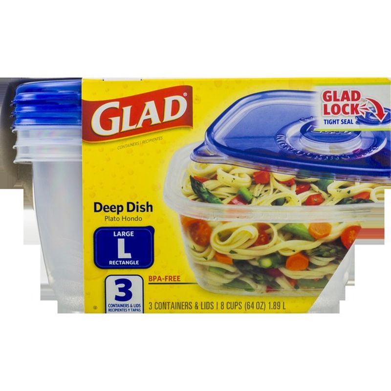 Glad Containers & Lids, Deep Dish, Large Rectangle, 8 Cups (3 each ...