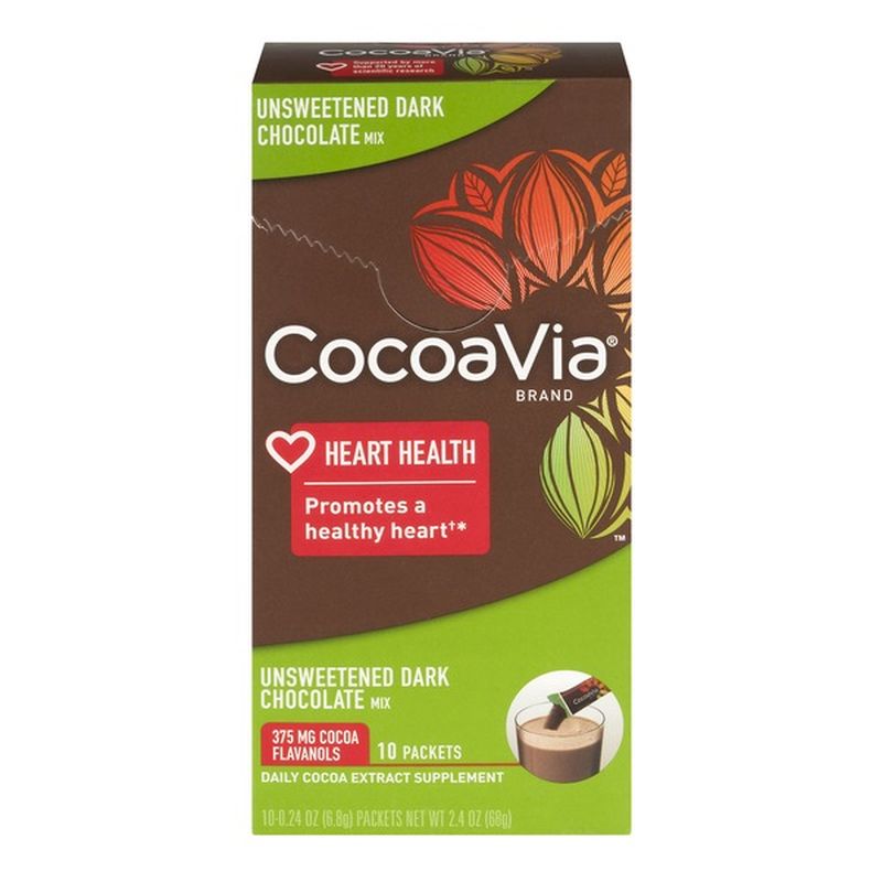 CocoaVia Brand Heart Health Unsweetened Dark Chocolate Mix Packets - 10 ...