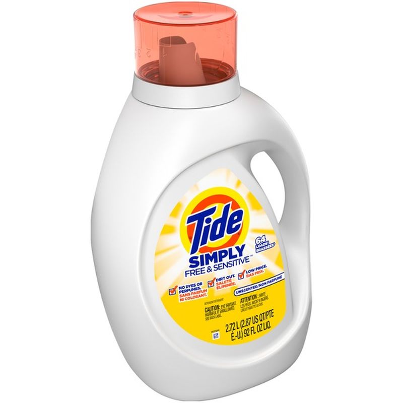Tide Simply Free & Sensitive Liquid Laundry Detergent, Unscented (92 oz ...
