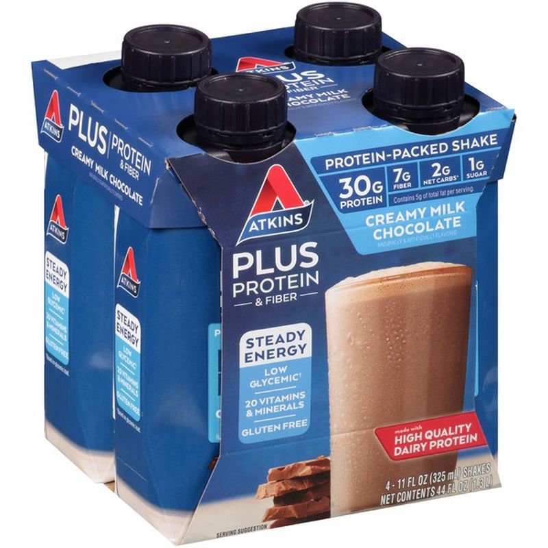 Atkins Plus Protein & Fiber Creamy Milk Chocolate Protein-Packed Shakes ...